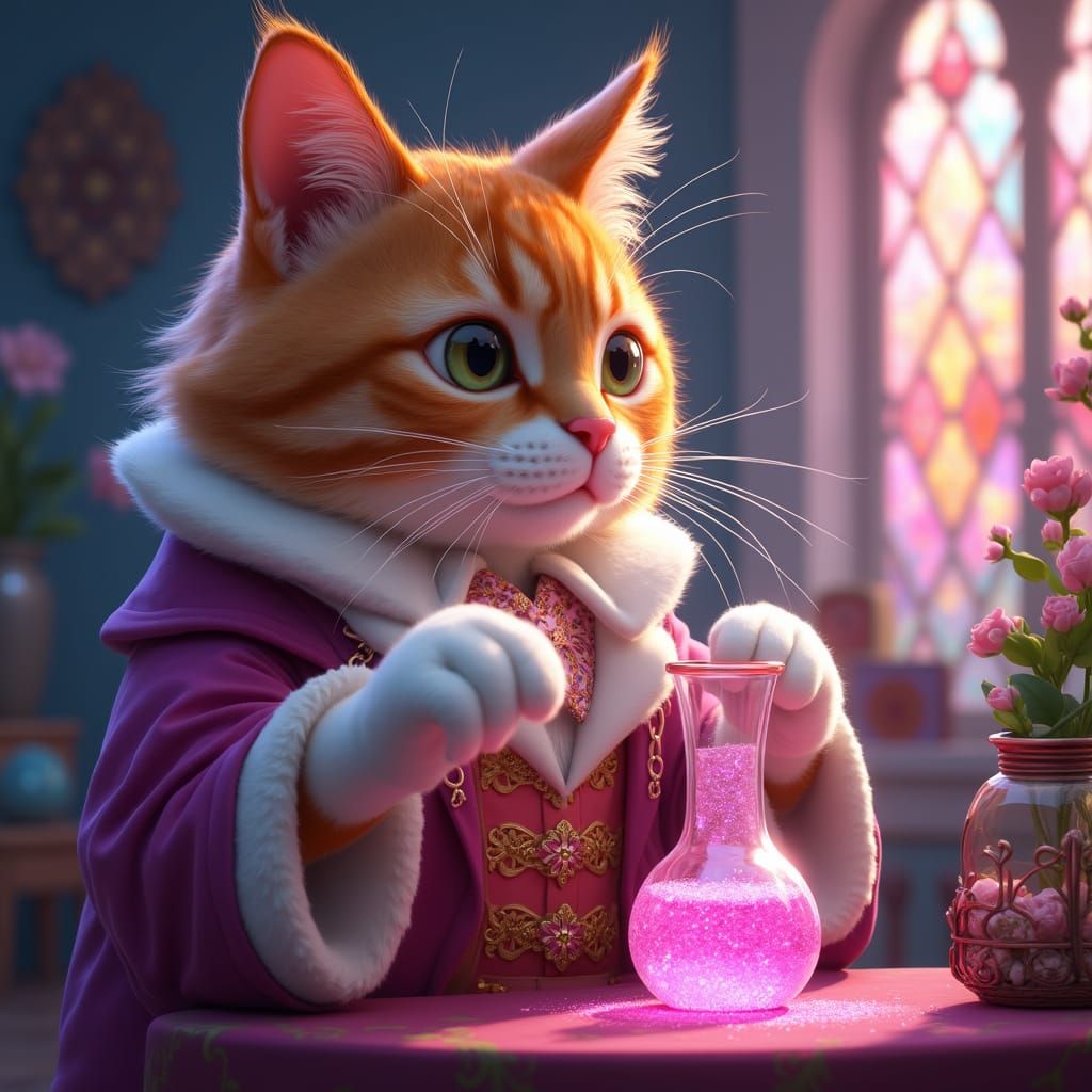 Ginger Cat Wizard Brews Enchanted Elixir with Spar... - AI Art