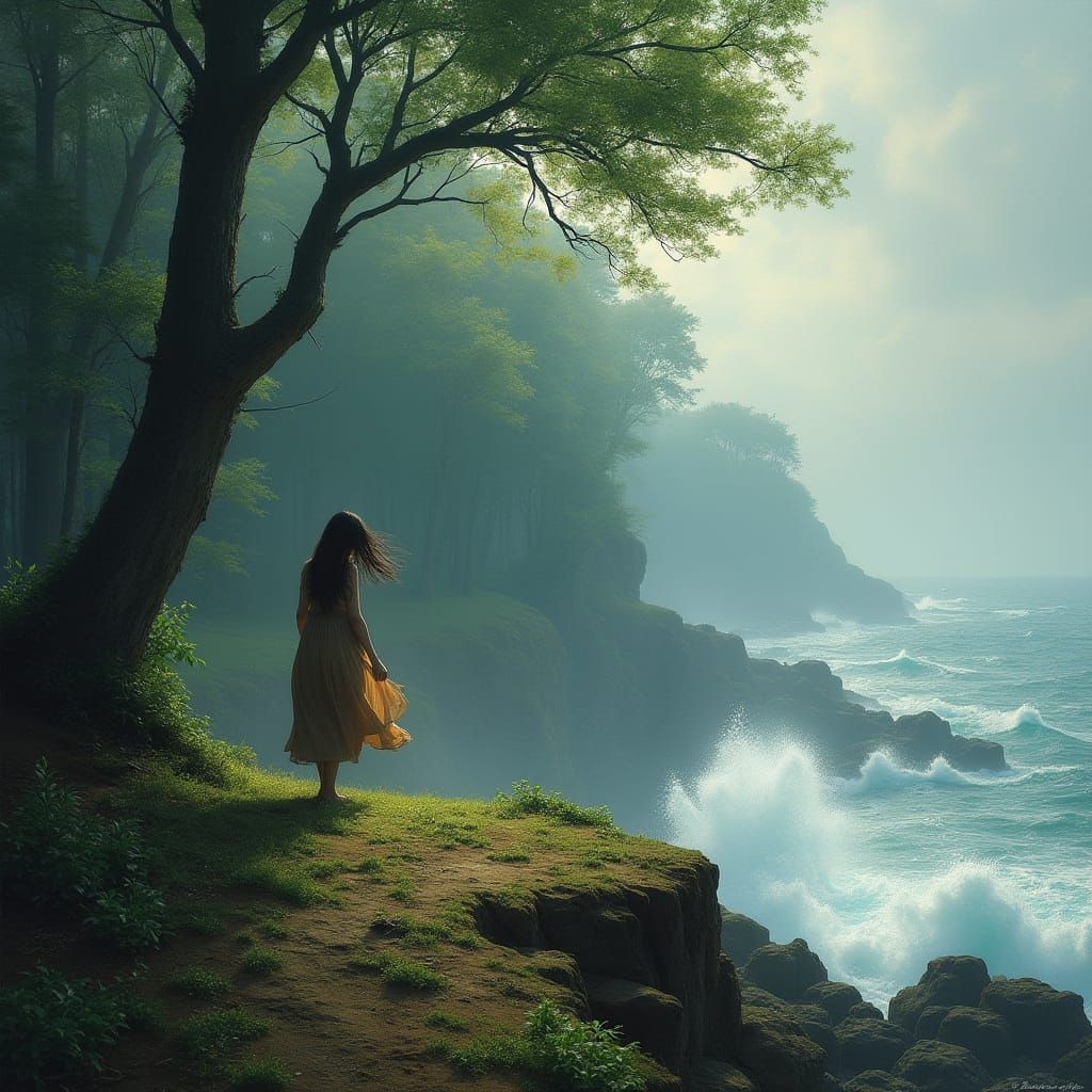 Mystical Forest Maiden Approaches the Cliff's Edge... - AI Art