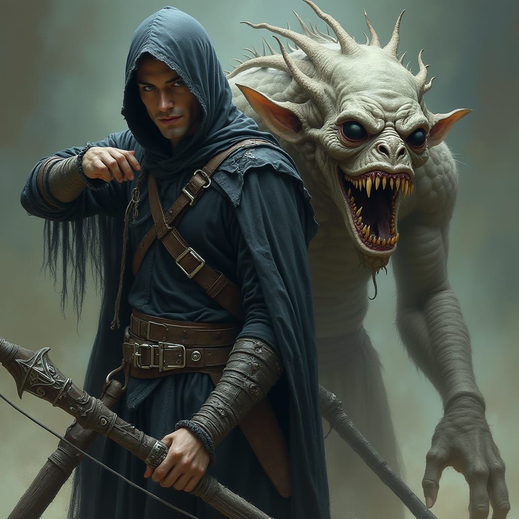 Dark Fantasy Archer and Star Spawn Grue - AI Art