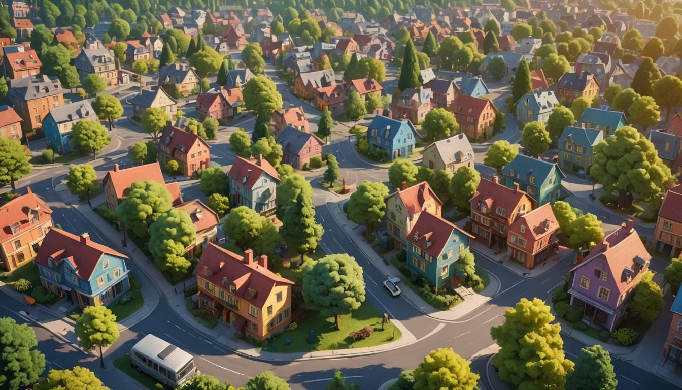 summer season in a city with houses next to each other with trees and ...