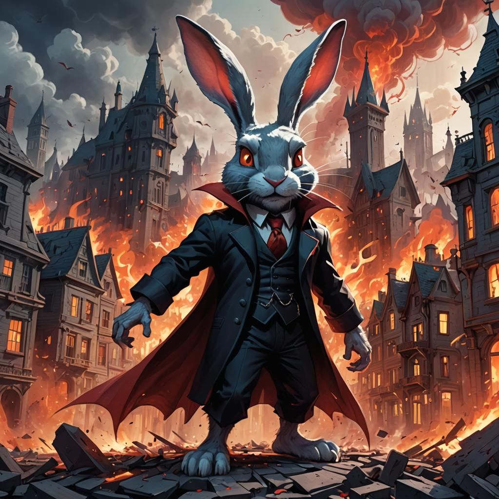 Giant Vampire Rabbit Wreaks Havoc on City in a Car... - AI Art