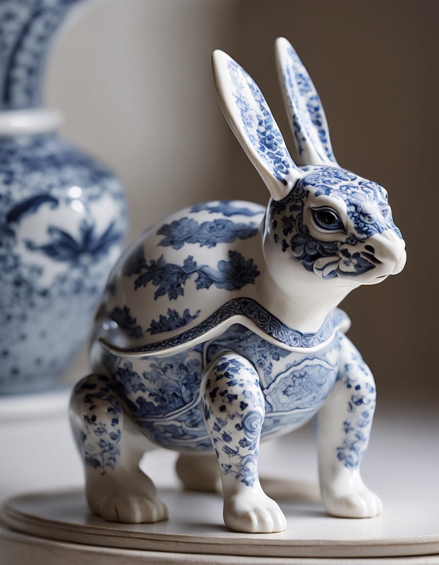 A close-up of a 3 dimensional porcelain “Turtle Bunny Hybrid” With ...