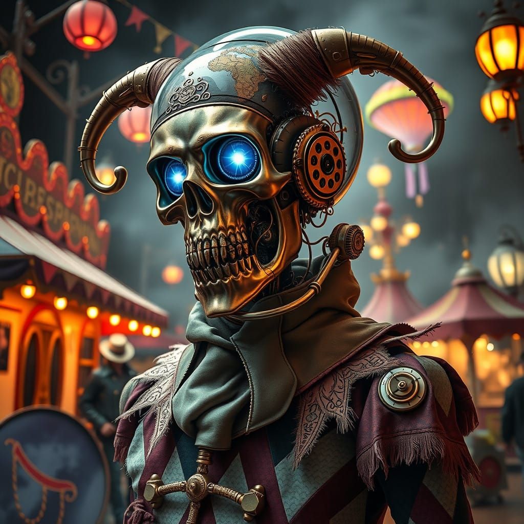 A mechanical jester, inspired by the surrealist flair of Zdzisław Beksiński, the industrial ...