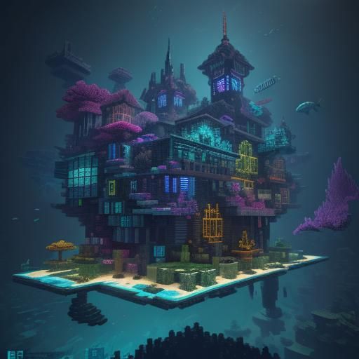 School of fish underwater and in the black neon cube in Minecraft - AI ...