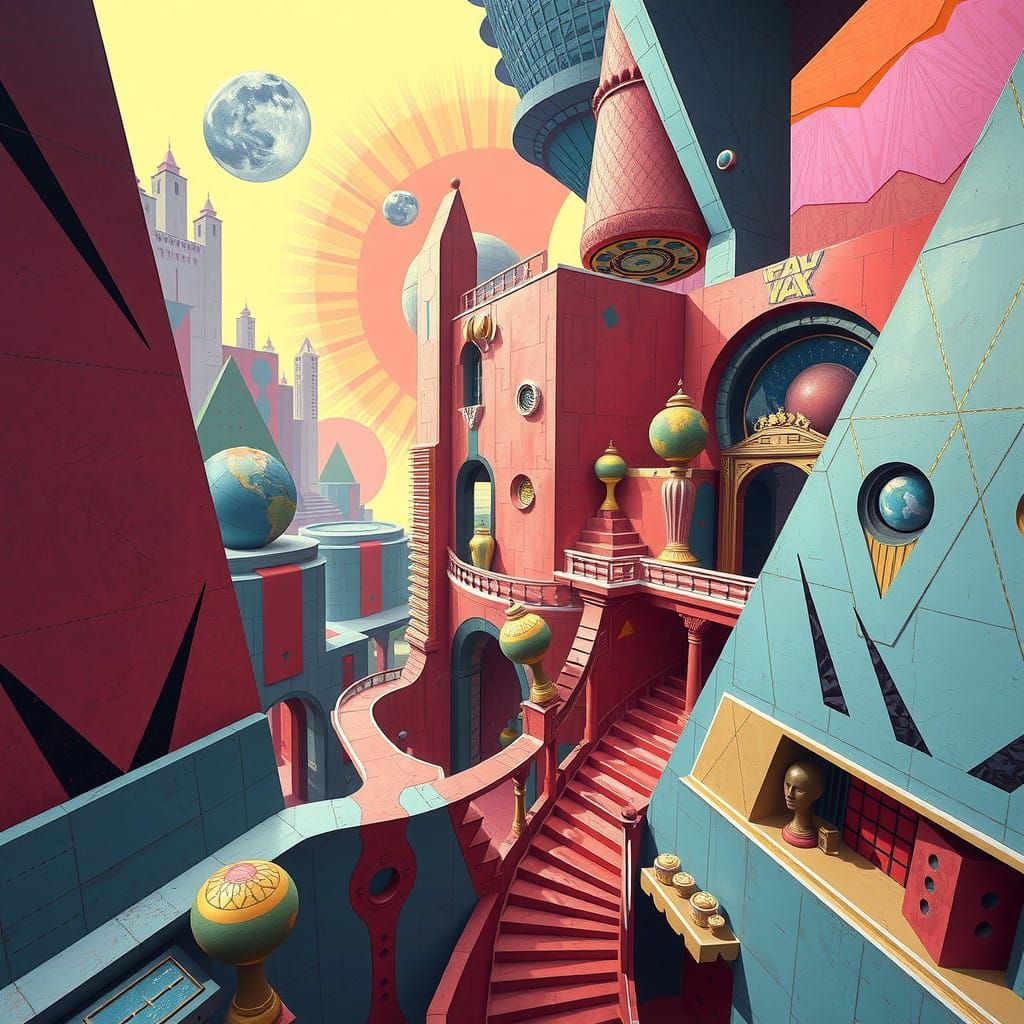 Surrealist Geometric Dreamscape in Vibrant Colors - AI Art