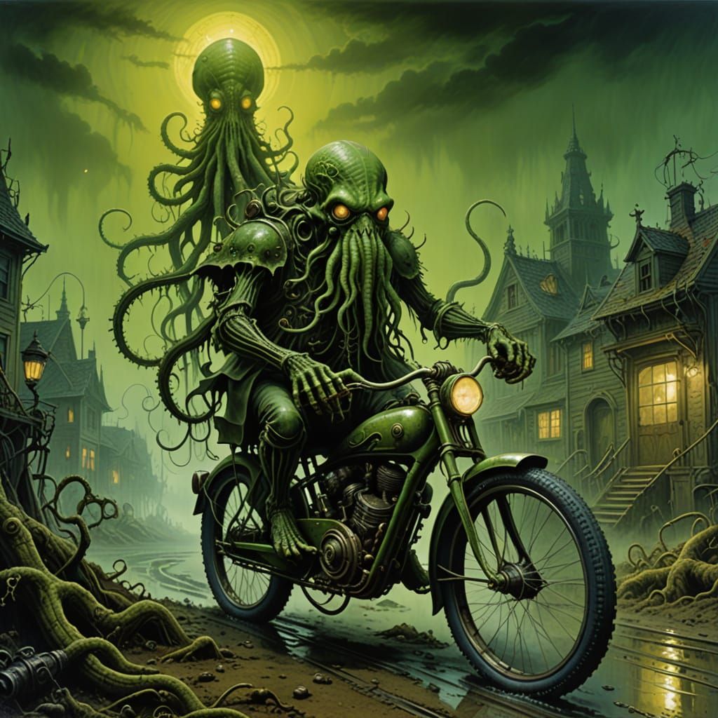 Cthulhu riding a bike, with a lemon on his head.