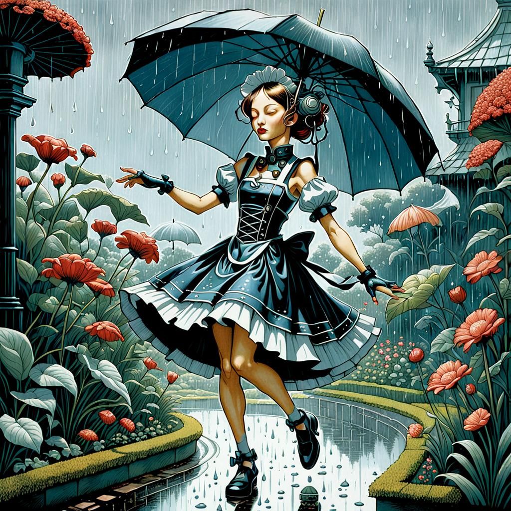 Sweet cyborg MAID, dancing, garden, RAIN, DETAILED, Linocut print ...