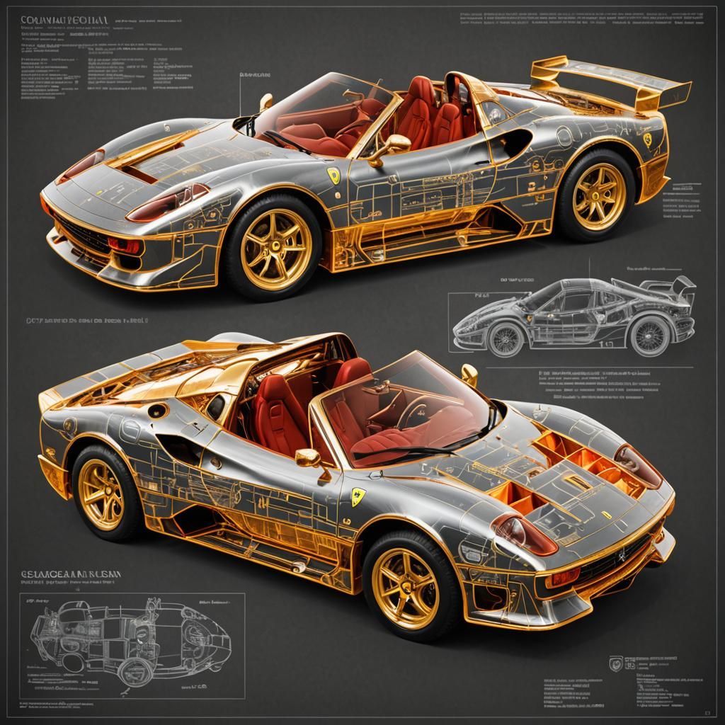 X-ray image of a classical race car, outlines of Ferrari 358 Spider, in ...