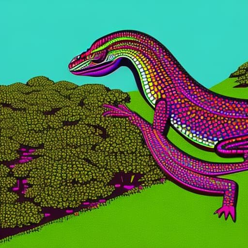 giant lizard at a park, pop art, art deco, painting, lsd, neon colors ...