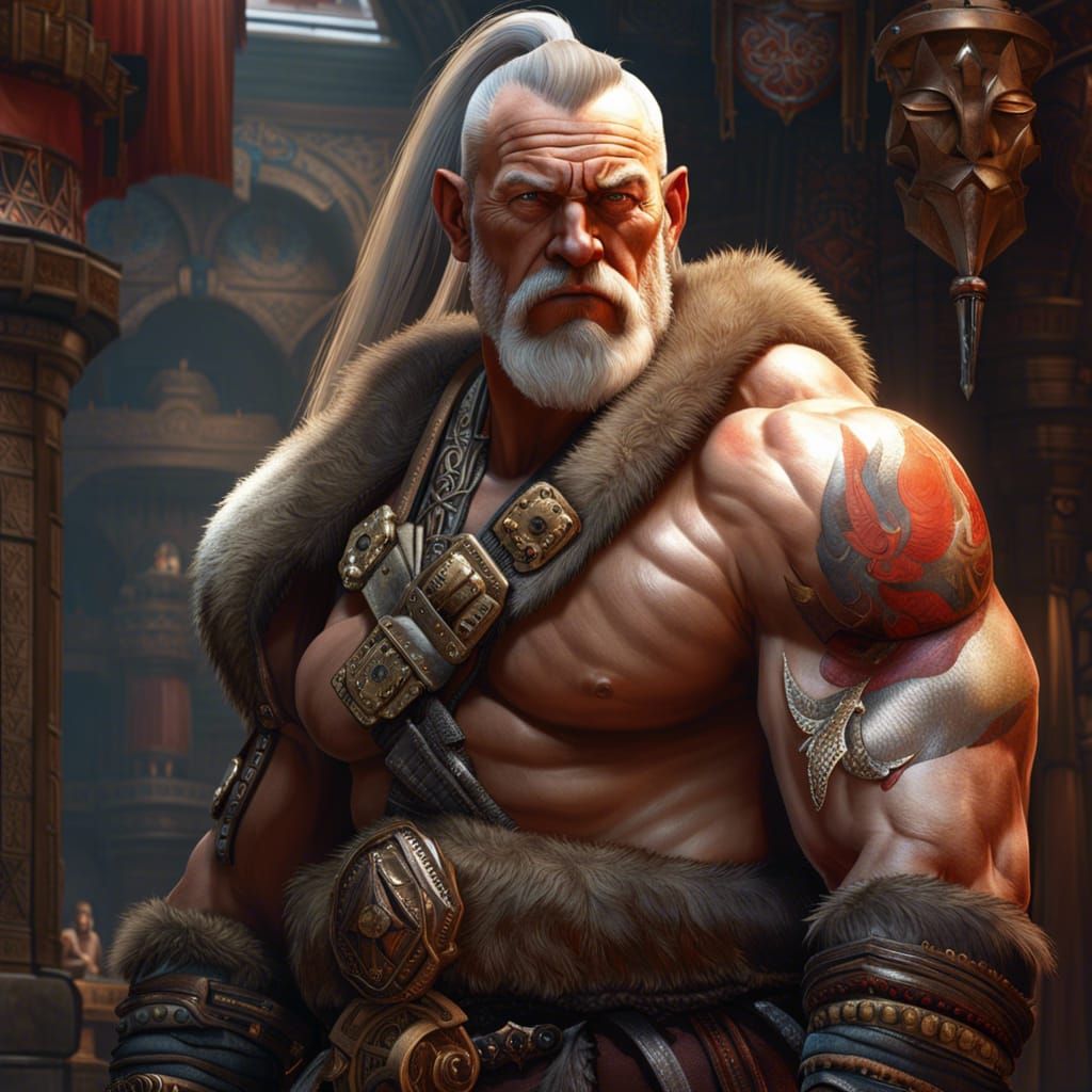 Full length portrait of Extremely muscular. Geriatric Barbarian thinker ...