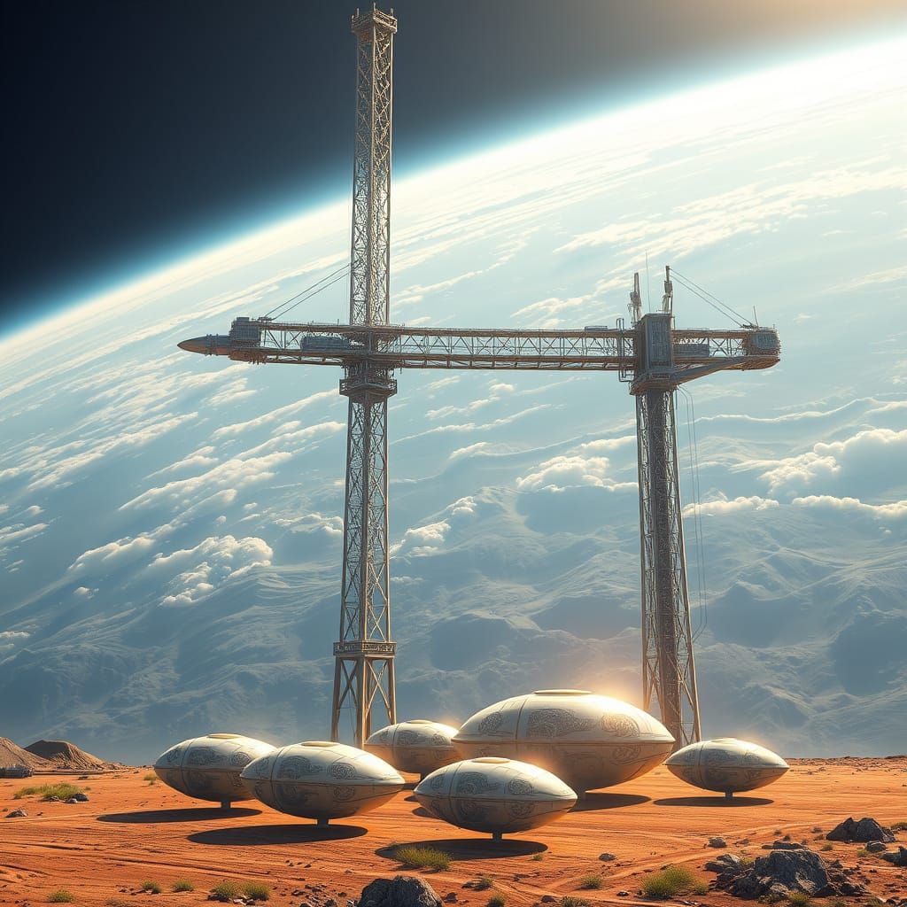 Majestic Orbital Elevator Rises from Earth in Cybe... - AI Art