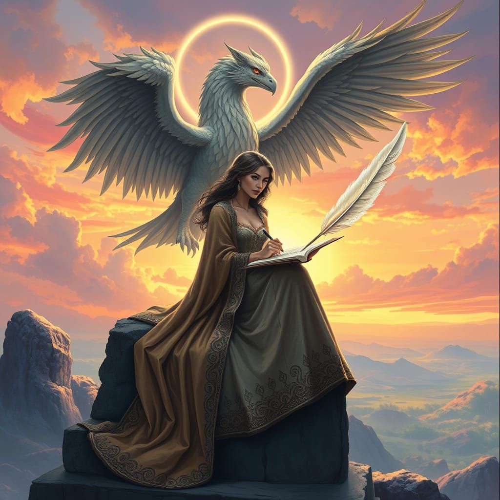 Mystical Scribe with Griffin Feather Quill in Drea... - AI Art