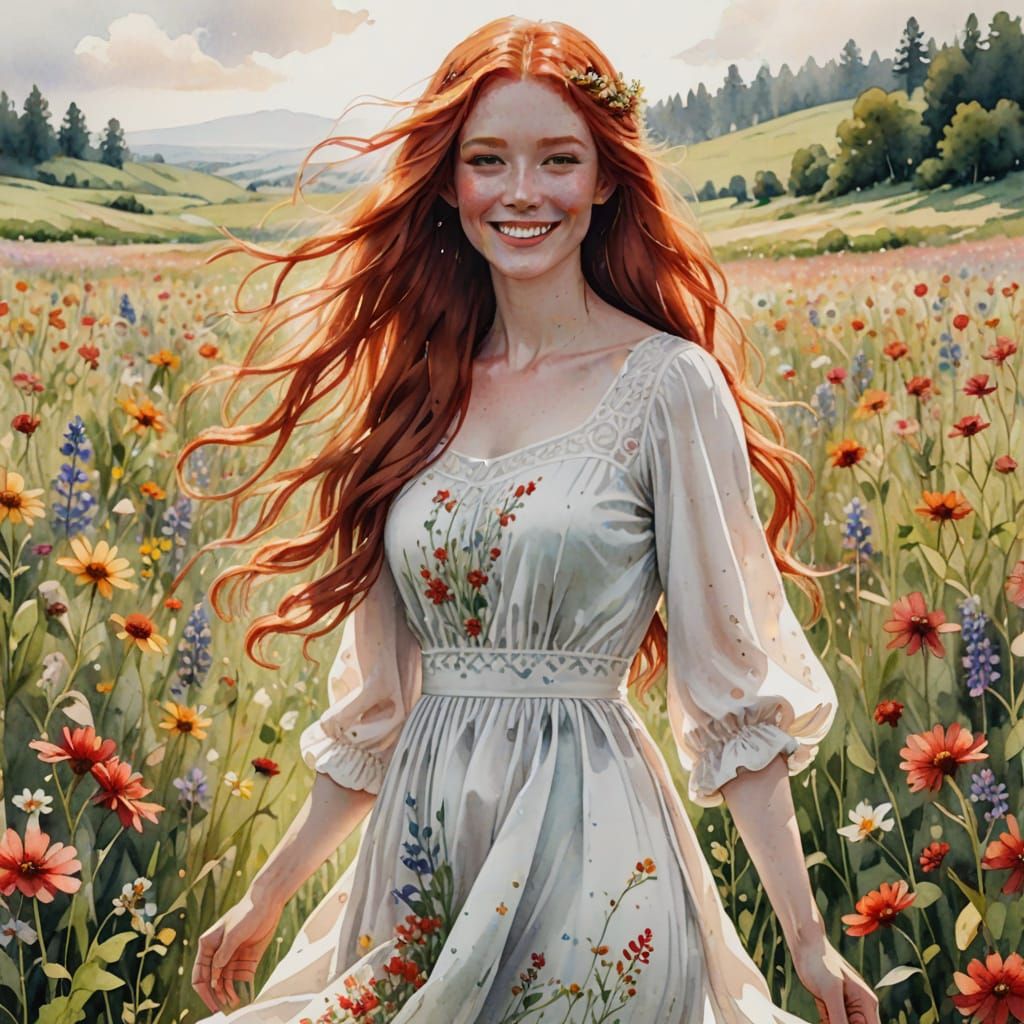 A young woman with long, flowing red hair stands in a field of ...