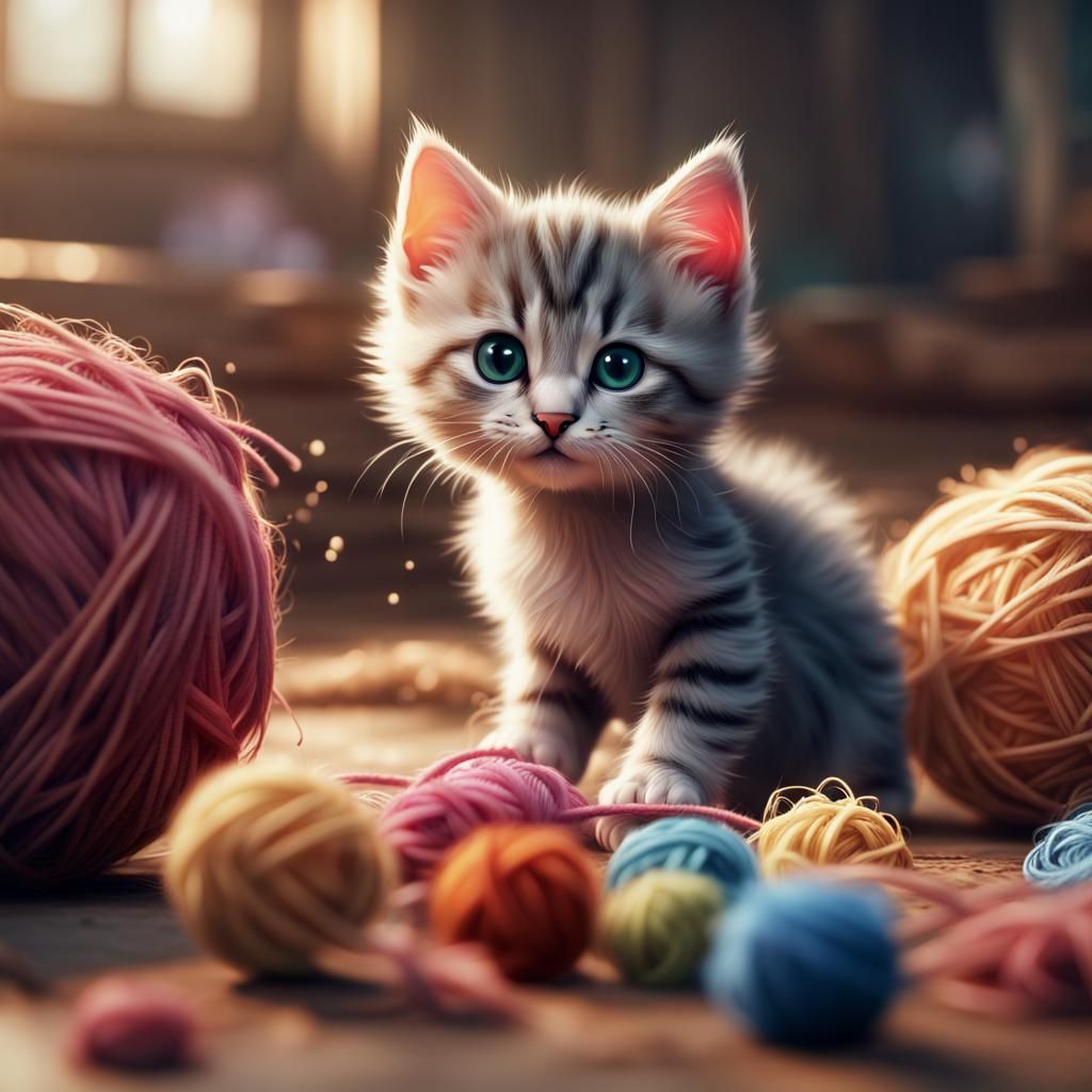 an image of a cute and cuddly kitten playing with a ball of yarn. - AI ...