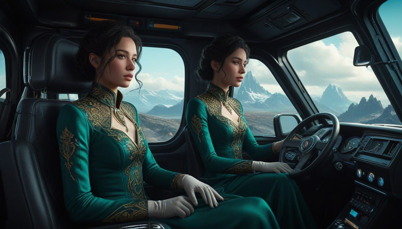 Twins - Elegant Woman Operates Futuristic Excavator in Dream...