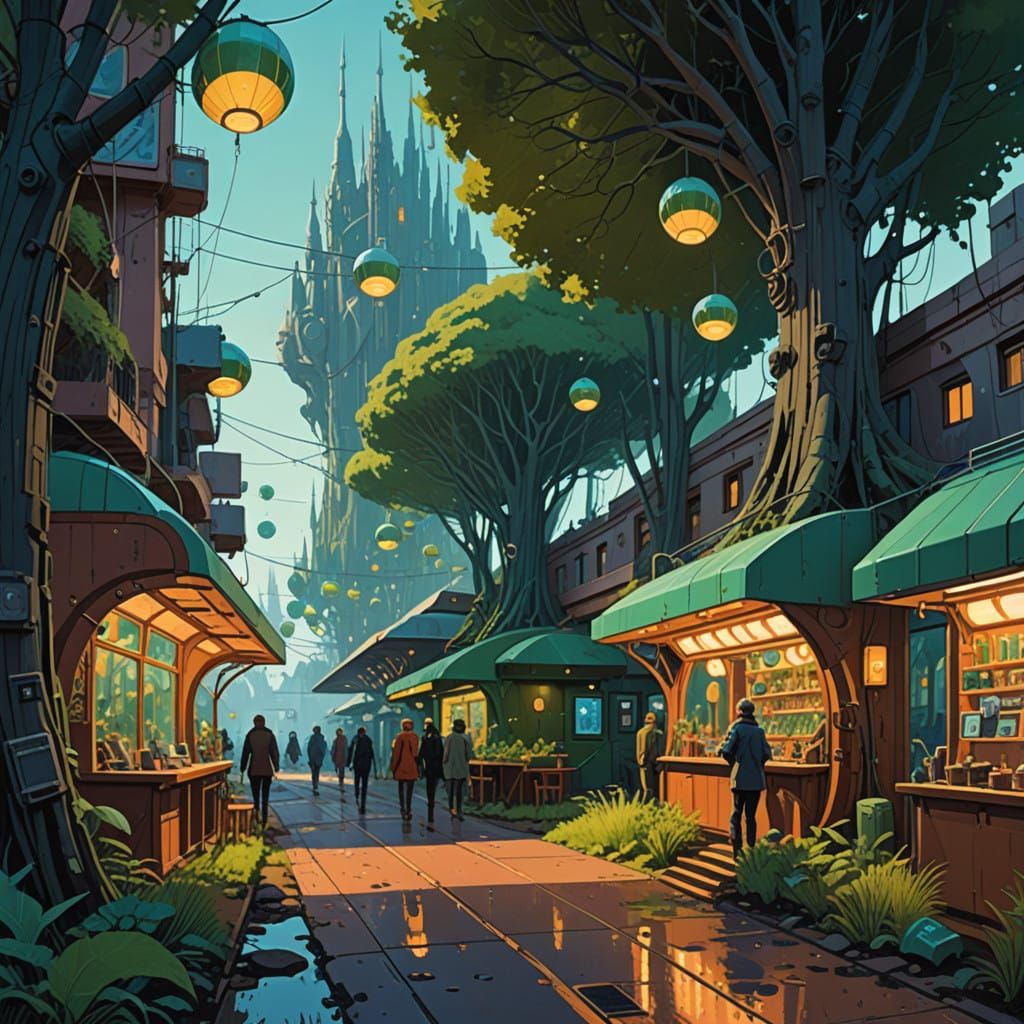 Surreal Solarpunk Bazaar Celebrates Eco-Innovation - AI Art