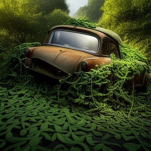 Kudzu vines, growing on abandoned cars, 8k resolution, a masterpiece ...