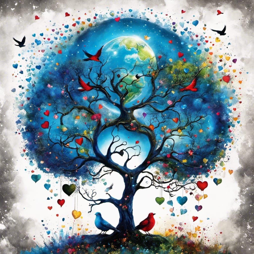 Peaceful Tree of life in the shape of the beautiful blue planet Earth ...
