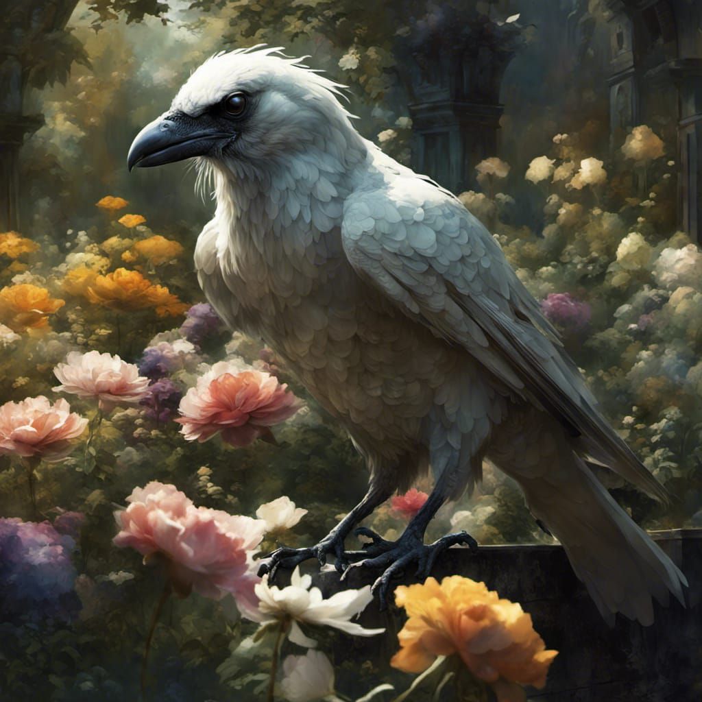 photograph of a gorgeous White Raven in a garden: extreme detail ...
