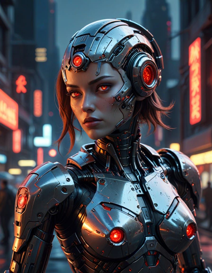 …gynoid with cyberpunk background - realistic…