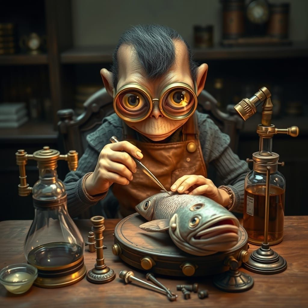 Steampunk Homunculus Examines Fish Anatomy - AI Art