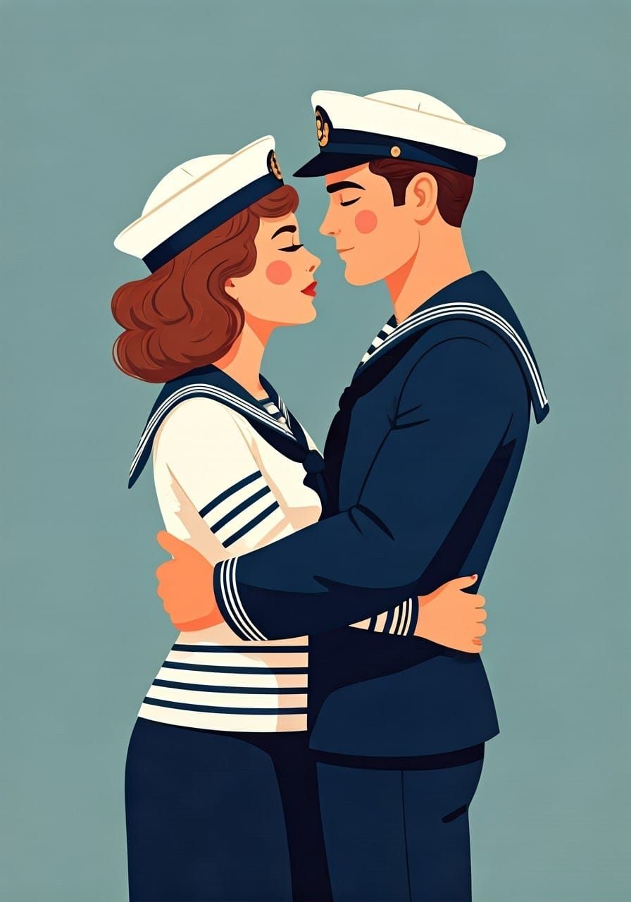 Stylish Sailor Couple in Tender Close Embrace - AI Art
