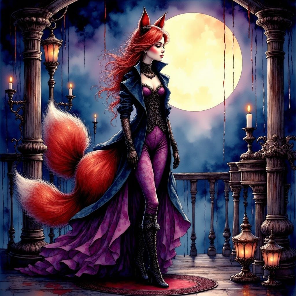 Female 9-tailed red kitsune, wearing very elegant gothic clothing.