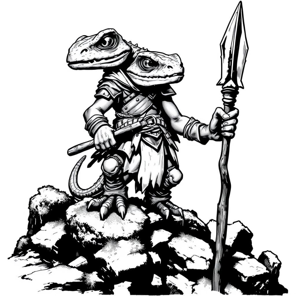 A small dungeons and dragon male kobold with a spear. Done in black and ...