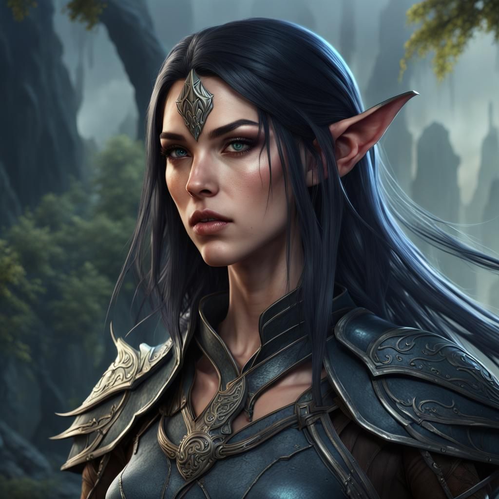 Female elven ranger. She is has blue-black hair. She has black eyes ...