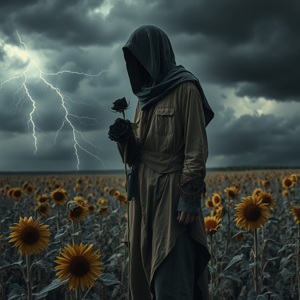 Elegant Figure Amidst Withered Sunflowers Under St... - AI Art