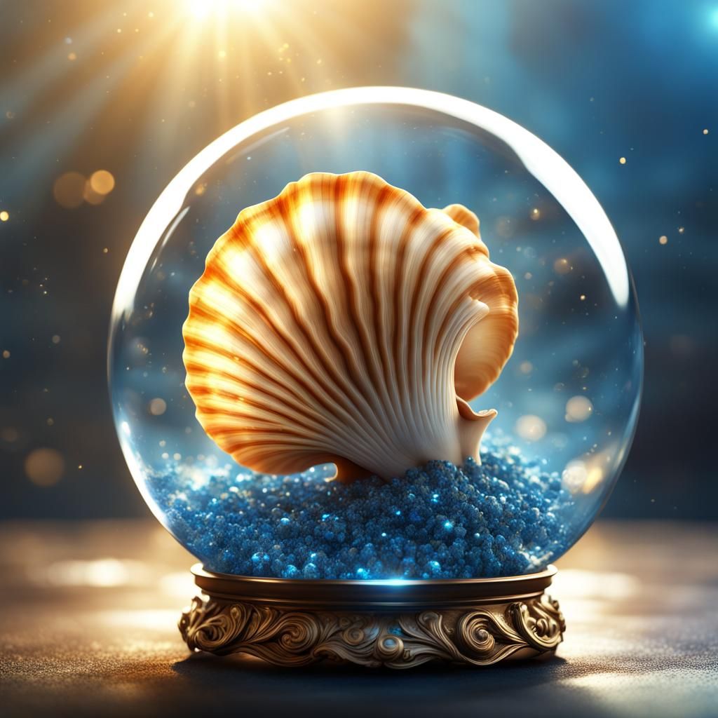 Gorgeous sea shell with blue glitter flying around encased in a glass ...