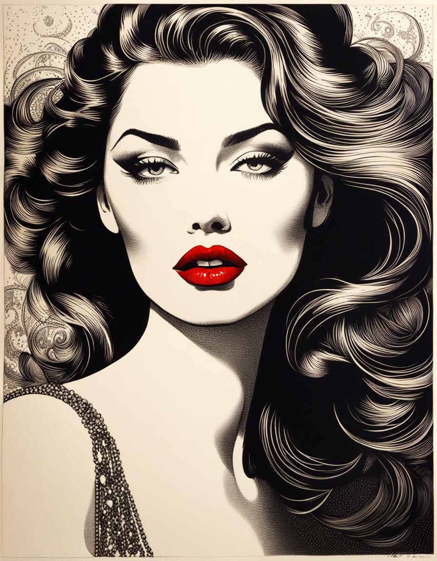 Grande Horizontale etching pretty girl, red lipstick - AI Generated ...