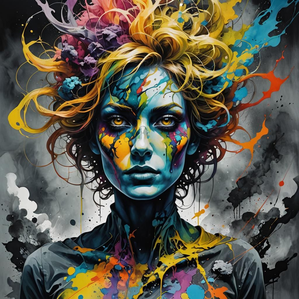 Design a surreal portrait, poisoned colors, dramatic, using ink resist ...
