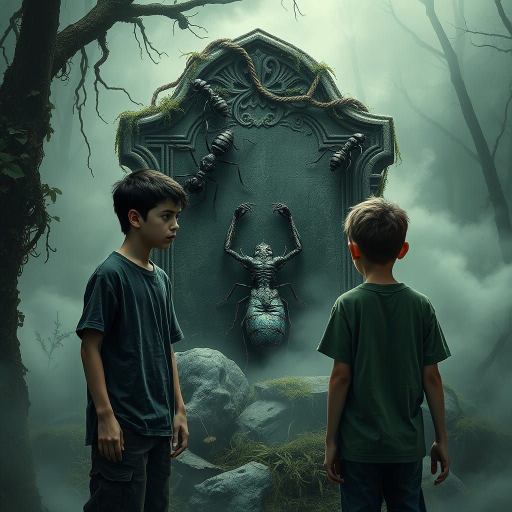 Frozen in Terror, Two Boys Face a Haunting Graveya... - AI Art