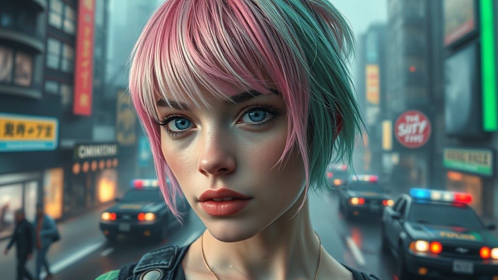 Cyberpunk Goddess Amidst Robbery and Chaos - AI Art