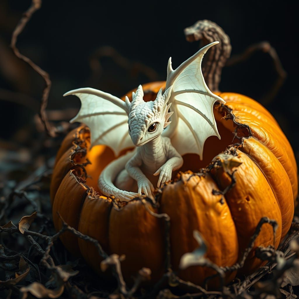 Mystical White Dragon Hatching from Pumpkin in Eer... - AI Art