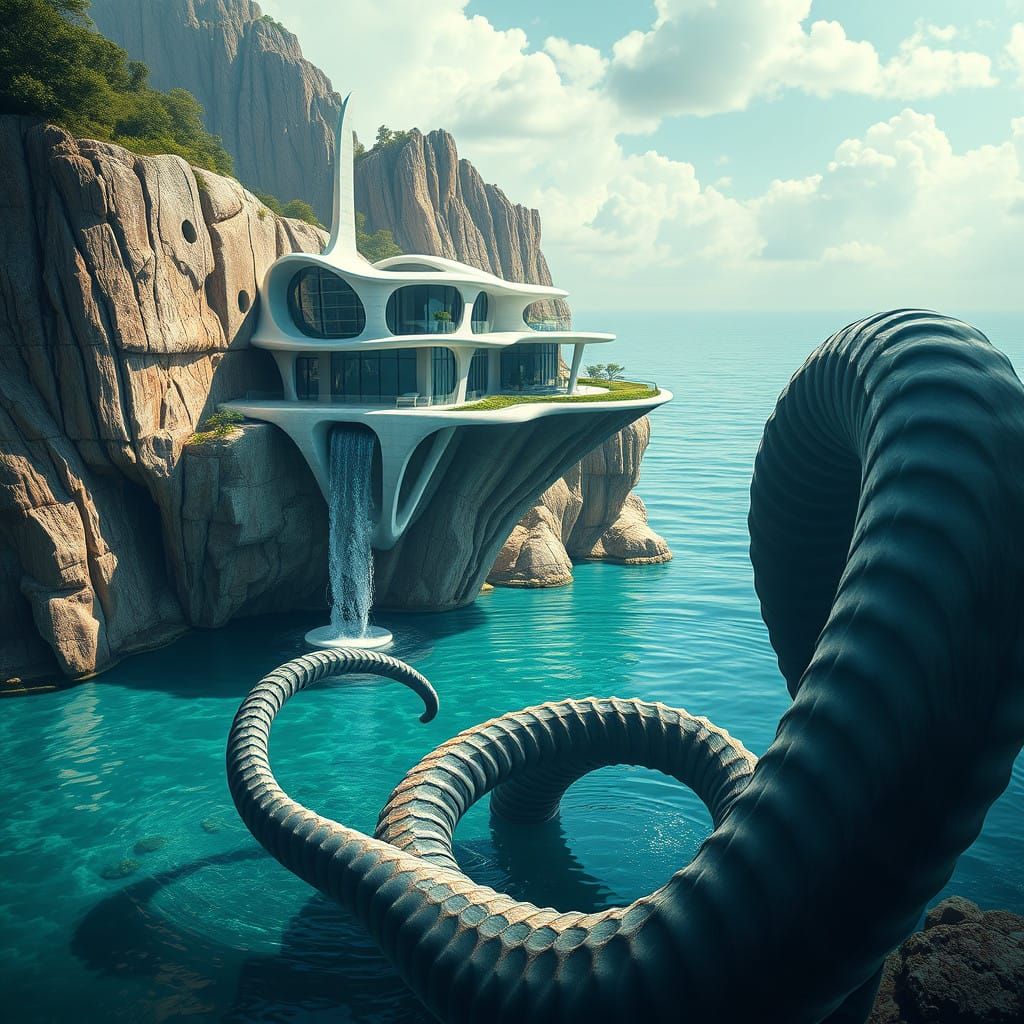 Ethereal Cliffside Mansion with Ancient Sea Monste... - AI Art