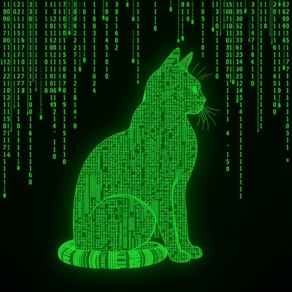 Code - Green Binary Cat in Matrix Style, 8K