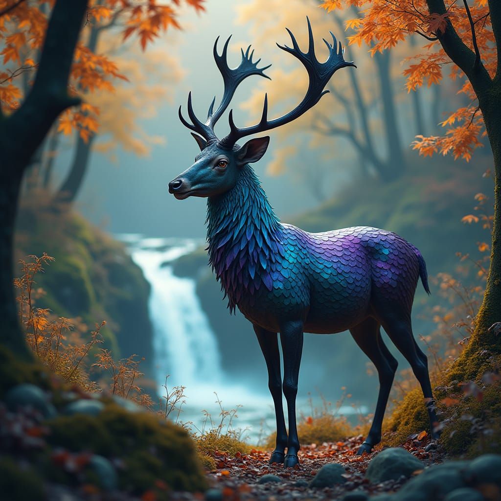 Iridescent Scaled Deer in Autumn Fantasy Forest - AI Art