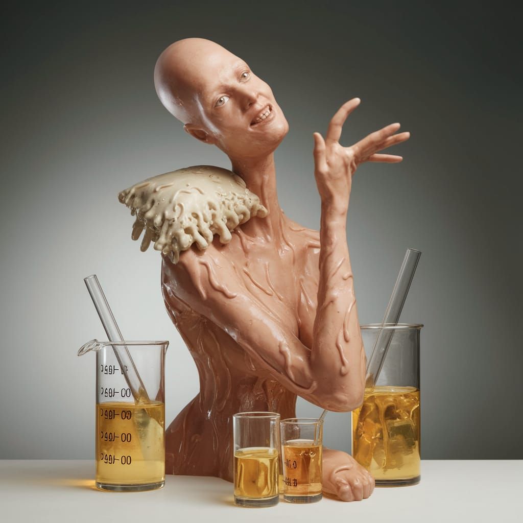 Multiple Glass beakers filled with gigantic, half-liquified women with ...