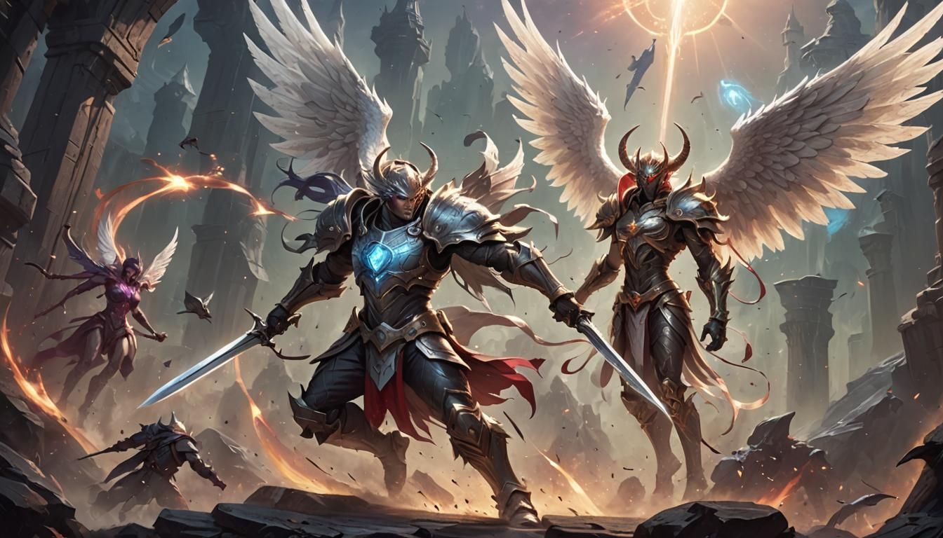 A dynamic angel warrior with wings majestic and beautiful fight a demon ...