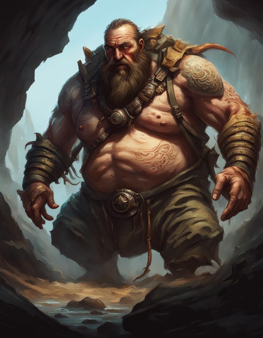 An adventurer who has a body maw on his belly, Hyperrealistic, splash ...