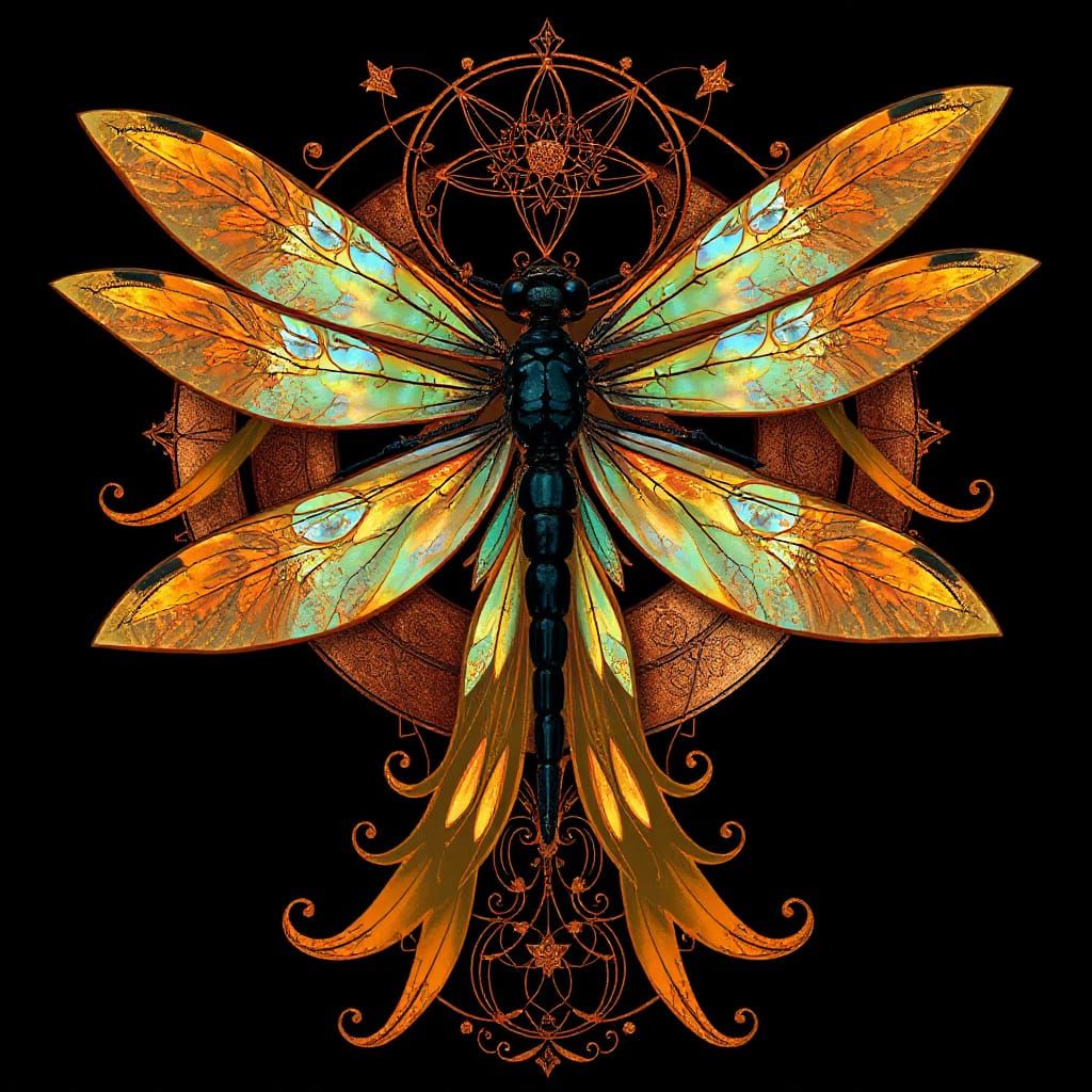 Art Deco stylized poster of a dragonfly fairy wearing black opals and ...