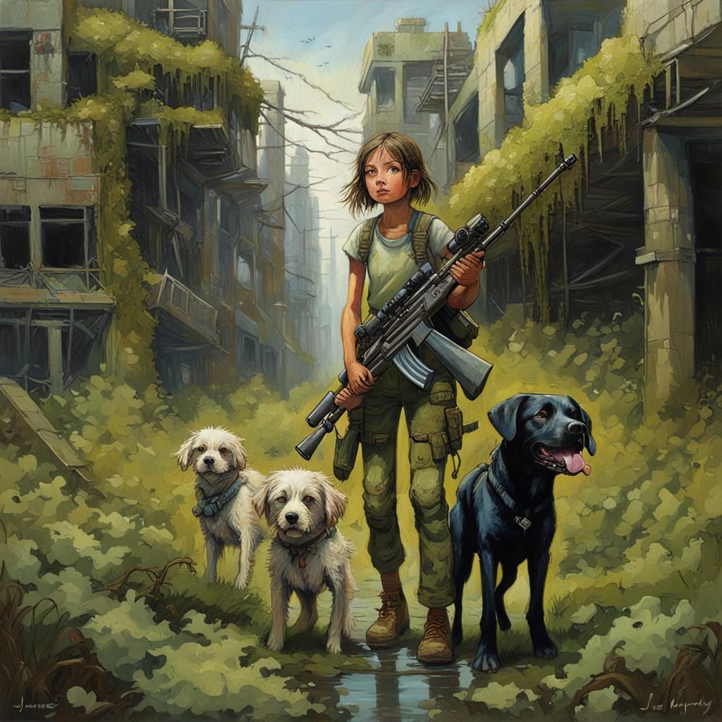 A girl carrying a sniper rifle with three dogs in a post apocalyptic ...