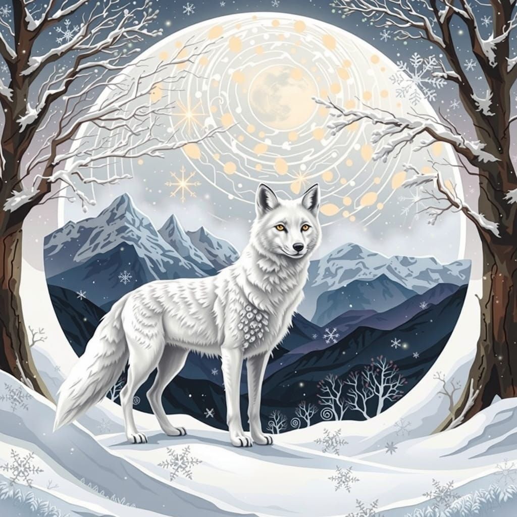 arabesque white moon white snow white fox, intricate snow flakes, snow ...