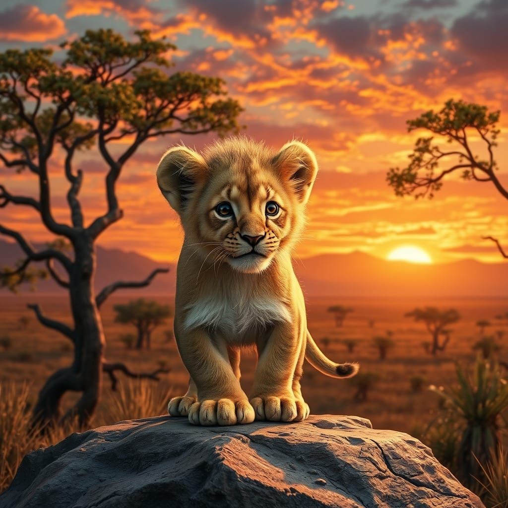 🦁🫶🏿 - Whimsical Lion Cub Standing Amidst a Vibrant Savann...