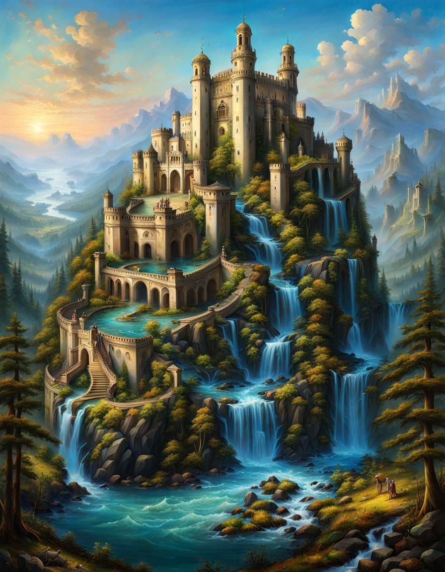 "Astral Cascade Harmony", detailed masterpiece, epic, Seveso, complex composition, castle - AI ...