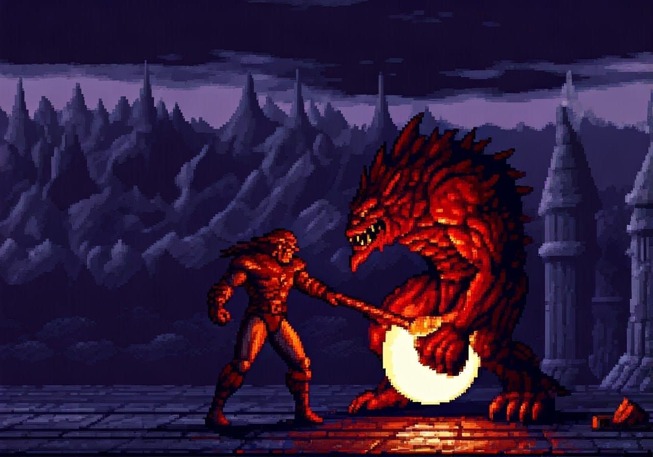 Old school - Pixelated Hero Fights a Fiend in a Pixel Art La...