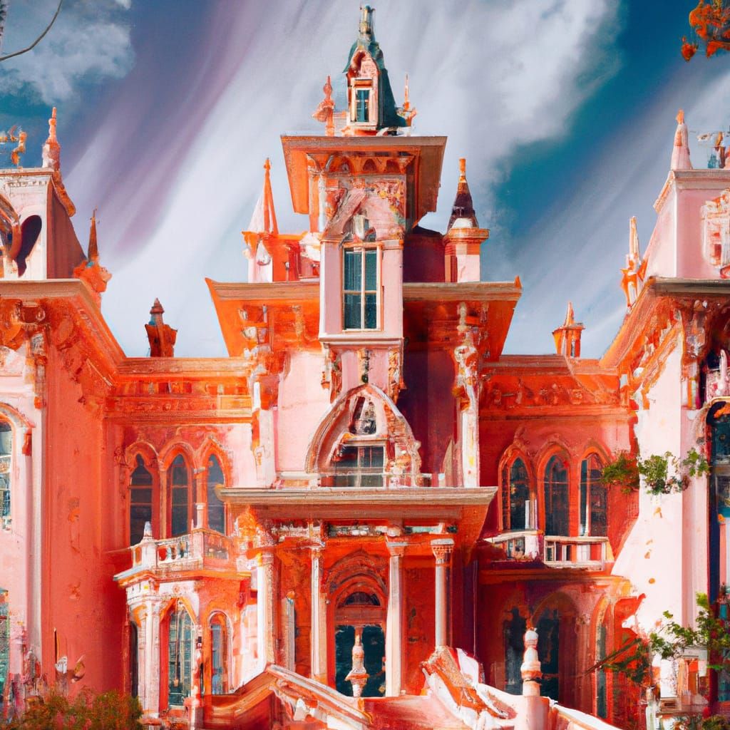 An ornate mansion painted hot-pink with an orange and white trim by ...