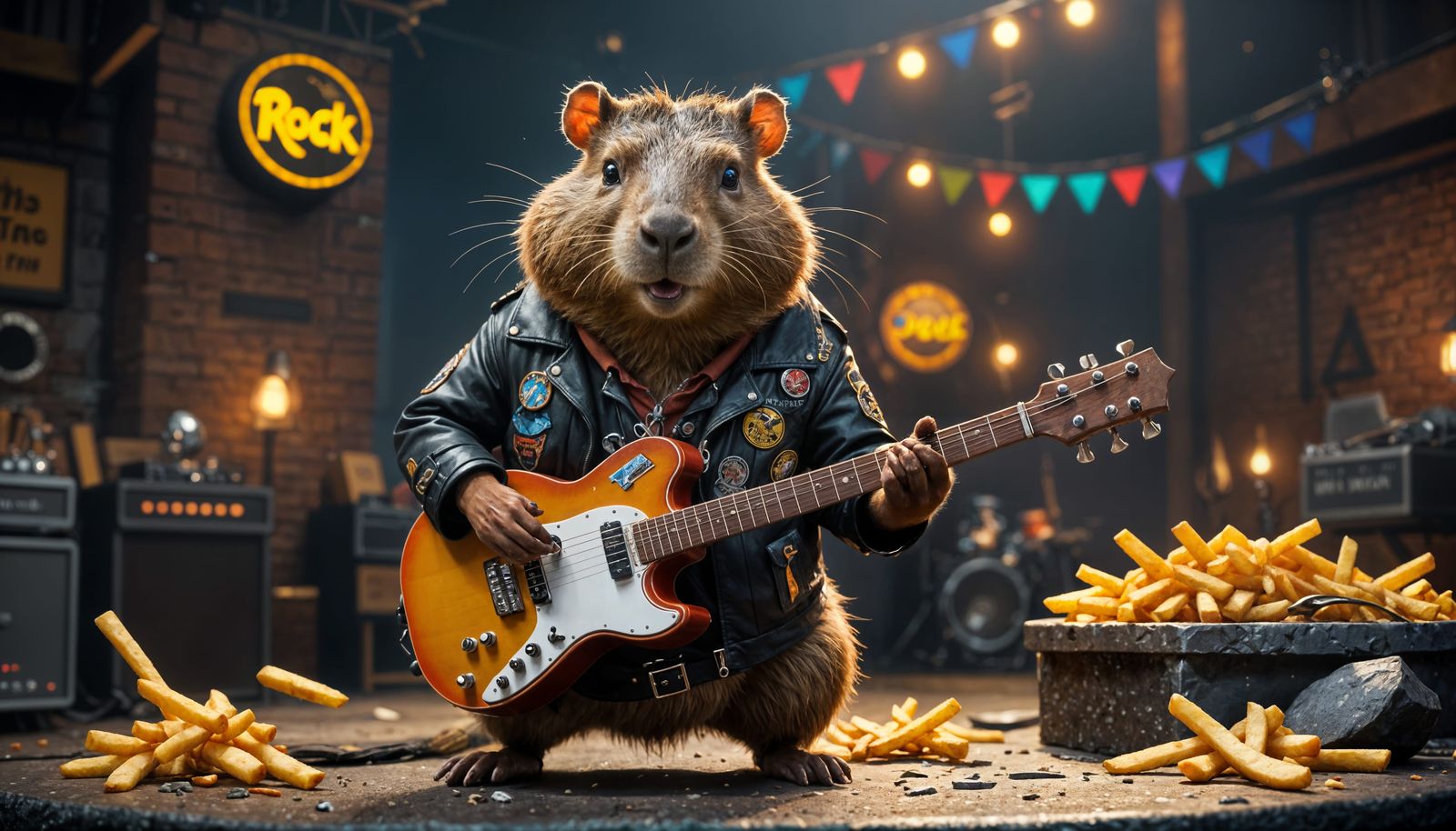 Rocking Capybara in Illuminated Leather Jacket, Pe... - AI Art